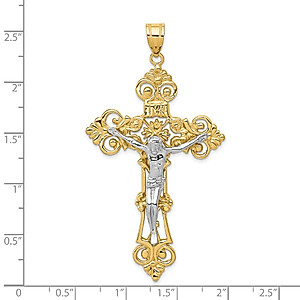 Solid 14k Yellow and White Gold Two Tone INRI Fleur De Lis Cross Pendant Crucifix Charm - 68mm x 36mm