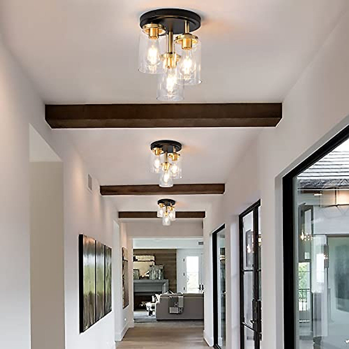 Mayful Semi Flush Mount Ceiling Light, 3-Light Clear Glass Shade Ceiling Light Fixture, Gold Finish Cluster Cylinder Ceiling Light Fixtures for Kitchen Dining Room Hallway Foyer
