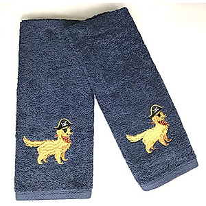 Halloween Hand Towels: Navy Blue Cotton Towels with Friendly Pirate Dog, 2 Piece Set, 16" x 28" Inch Each