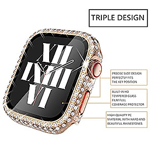 Fullife 3-Pack Crystal Diamond Bling Cases Compatible with Apple Watch 40mm Protective Bumper with Tempered Glass Protector for iWatch Series 6 5 4 SE, Rosegold/Rainbow/Clear