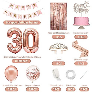 30th Birthday Decorations for Women, Rose Gold 30 Birthday Decorations for Her, Happy 30th Birthday Banner, Crown, Sash, Cake Topper and Number Balloon, 30th Birthday Party Supplies for Women