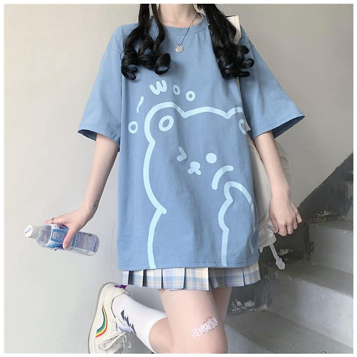 Tyadorw Women's Aesthetic Kawaii Bear Graphic Tee - Japanese Streetwear Harajuku Oversized T-Shirt (Blue, Medium)