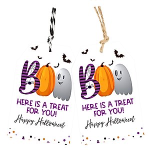 joycraft Halloween Tags with String, 100Pcs Happy Halloween Paper Tags, 2.2x3.3 inch Halloween Tags for Gift, Boo Halloween Hanging Tags for Candy Bag, Gift Wrapping, Halloween Party Decor