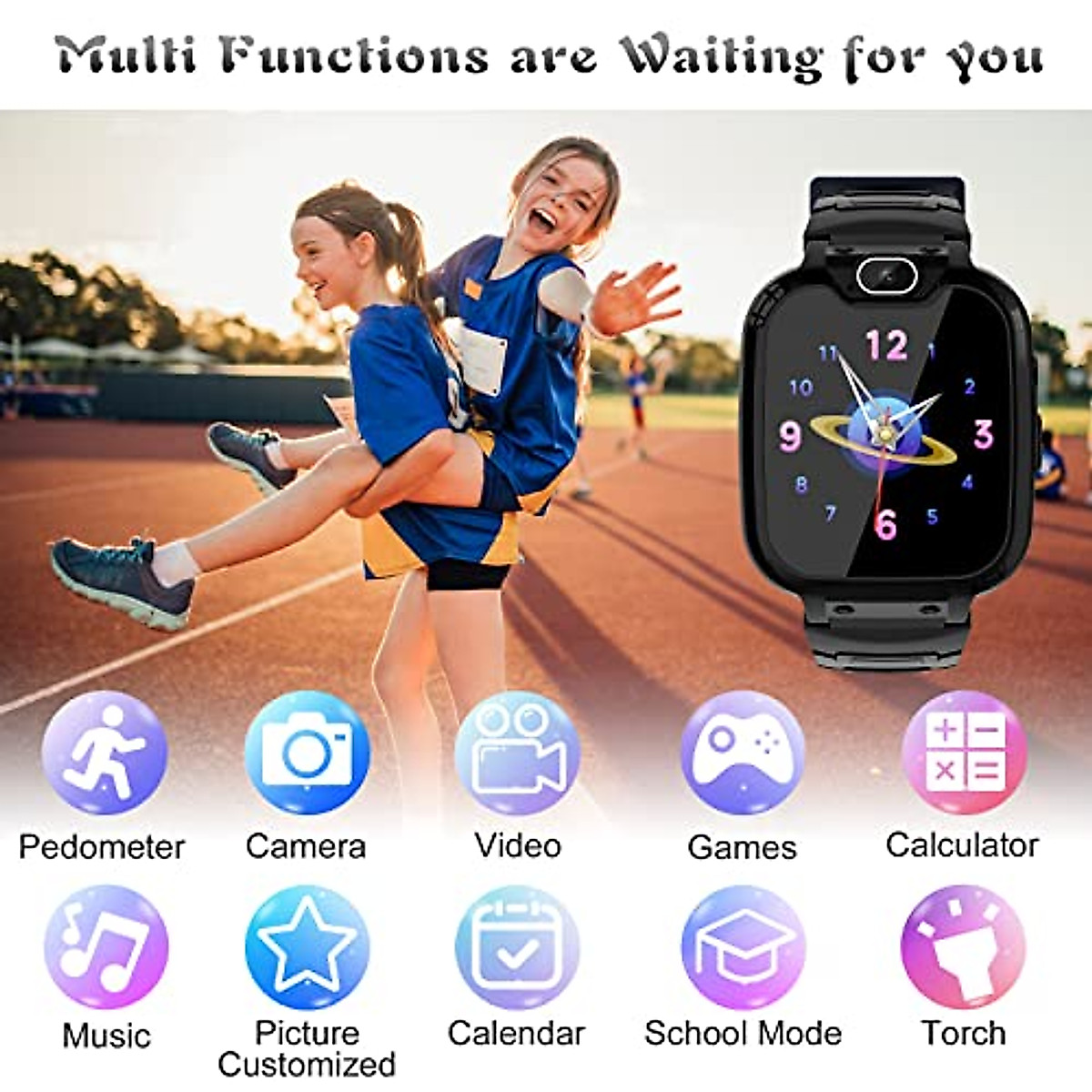 Kids Smart Watch with Camera Games Pedometer Video/Music Player Flashlights Calculator Alarm Clock Children Touch Screen Toy for Boys,Girls Age 4-12(Black)