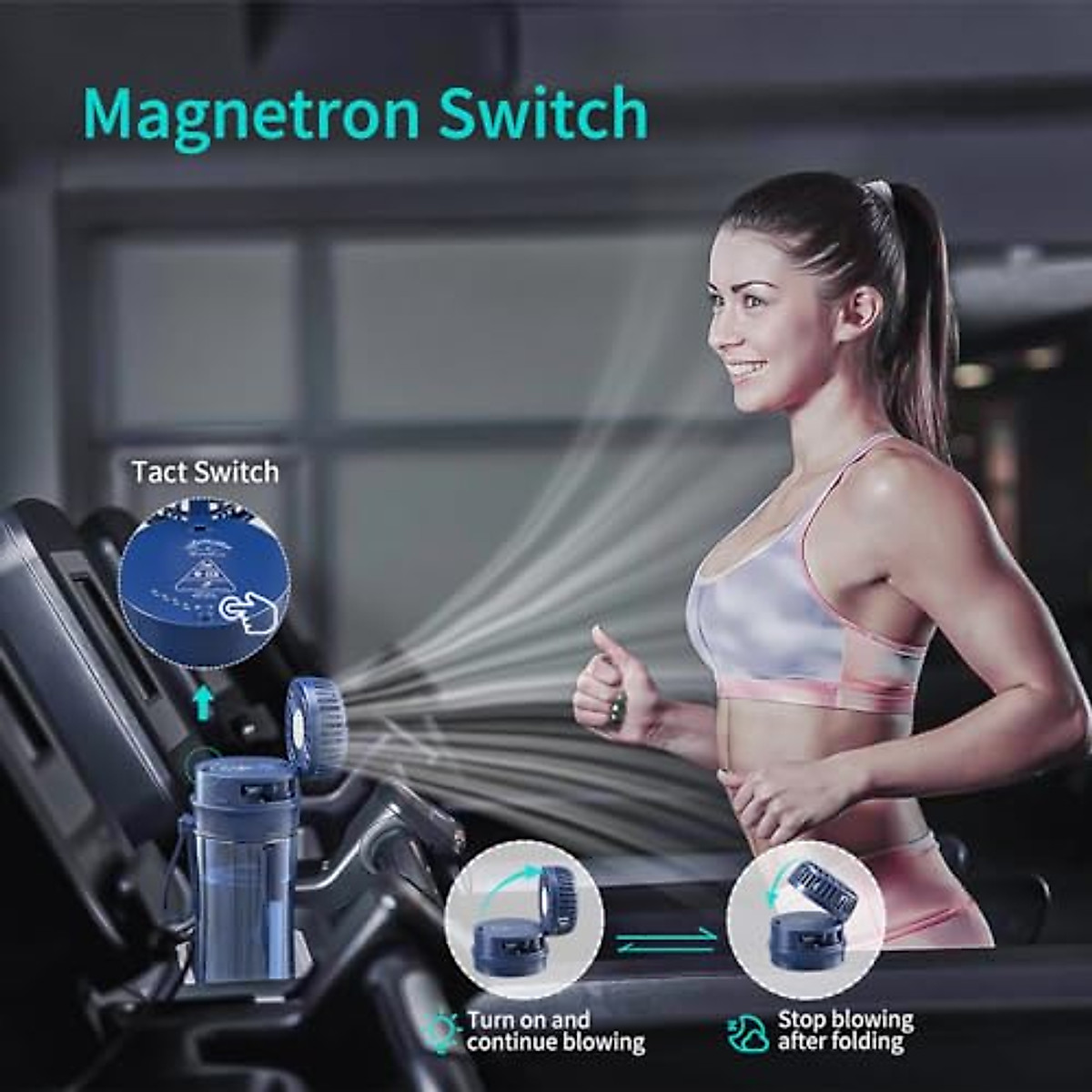 HandFan Bottle - 20 oz, 2 Lids (Straw Lids), Leak Proof - Fitness Water Bottles and Flasks with Cooling Handheld Fan for Men, Women and Children - Valentine's Day Gift for Men or Women - Blue