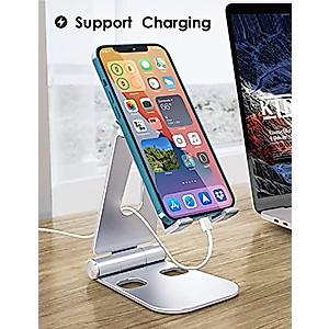 KTRIO Adjustable Cell Phone Stand, Aluminum Phone Stand for Desk, Foldable Phone Holder Compatible with iPhone 13 Pro Max 11 12 Xr 8 7 SE, Pad, Tablet, Smartphone - Silver