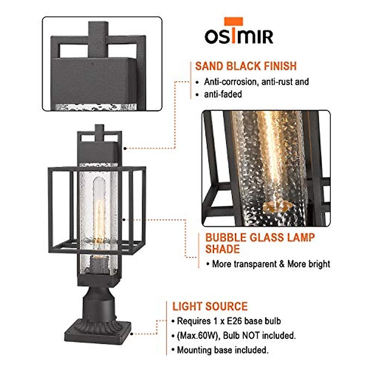 Osimir Outdoor Post Light Fixture, 1-Light Exterior Post Lantern with Pier Mount Base, Pier Light with Bubble Glass Shade Black Finish, Outdoor Light for Patio, Porch, Yard, Garden 2375/1GL