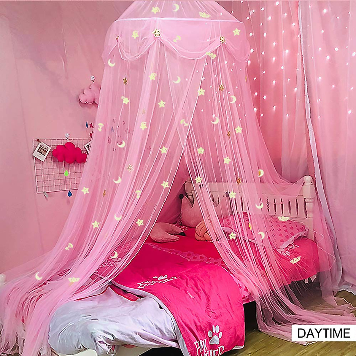LokSuntec Bed Canopies for Girls Glow in The Dark Stars and Moon Princess Mosquito Net Crib Hanging Tent Bedroom Decoration for Kids Teen Girls Pink