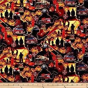 Under Fire Fireman Montage Red, Fabric by the Yard
