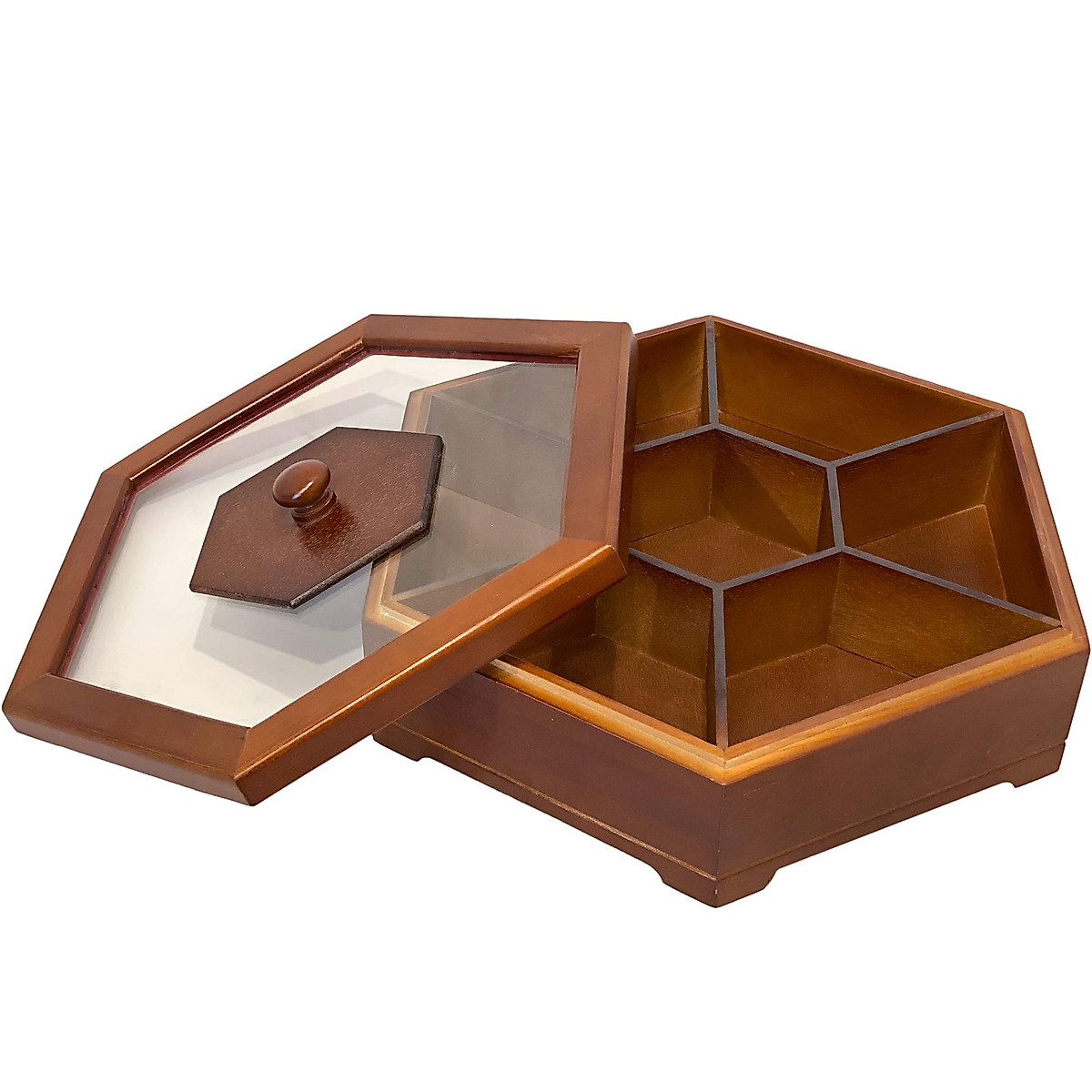 Sectional Tray for Dry Fruits Nuts Snacks with Glass Lid, Humidity proof wooden storage, Candy Box