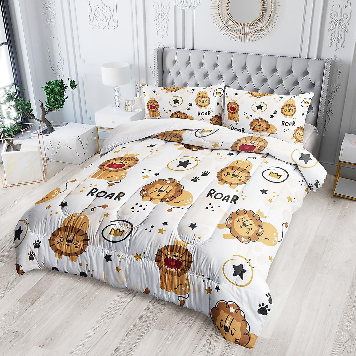 AILONEN Kids Lion Comforter Set Twin Size, 3 Pieces Kawaii Bed in a Bag,Cute Lion Kids Bedding Set for Boys Girls,Cartoon Animal Pattern Quilt with 2 Pillowcases