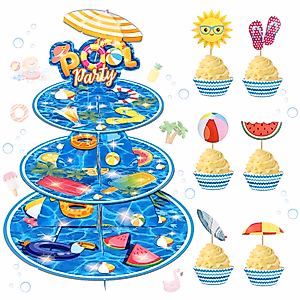25 PCs Pool Cupcake Stand 3-Tier and Pool Cupcake Topper Set, Fiesec Pool Theme Summer Beach Ball Swimming Hawaii Party Supplies Cardboard Dessert Tower Holder Round Serving Stand Holder