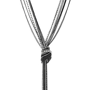 COOLSTEELANDBEYOND Chic Silver Black Lariat Necklace Tassel Pendant with Rhinestones, Multi-strand Long Chains Y-Shape