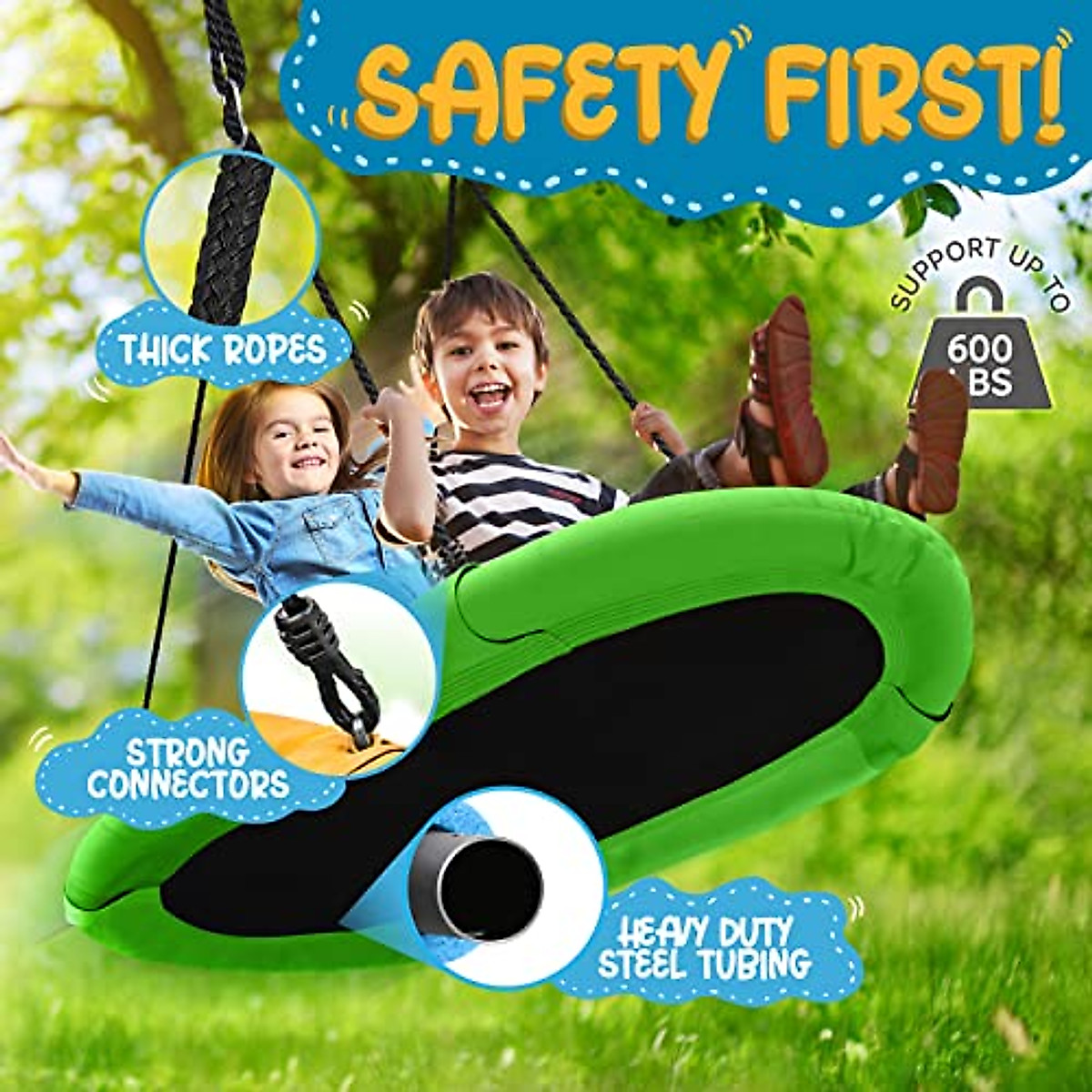 SereneLife Outdoor Spinner Saucer Tree Swing-Hanging Tree Oval Shaped Flying Saucer w/Rope Straps,Cushion Padded Metal Frame,Polyester Fabric Seat,for Kids & Adult-SereneLife SLSOVSWNG55GR (Green)