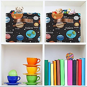 Kigai Solar System Storage Basket Collapsible Rectangle Storage Bin Shelves Basket Organizer with Leather Handle for Closet, Office, Nursery, Home Decor