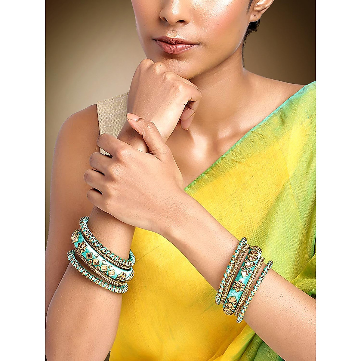 Aheli Ethnic Handmade Silk Thread Faux Stone Studded Bangle Set Chudha Indian Traditional Wedding Wear Fashion Jewelry for Women (Light Green 2.8 Inch)