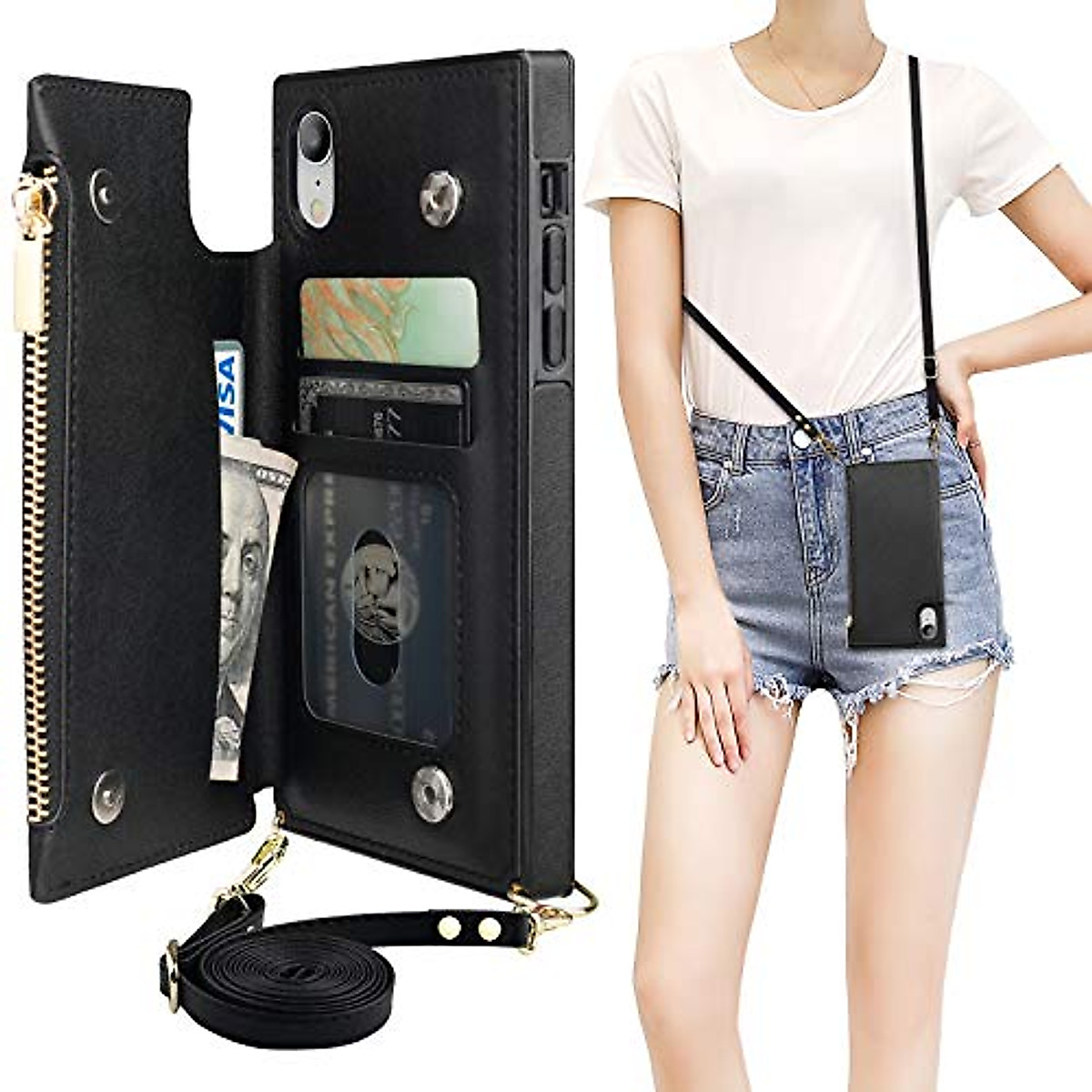 Bocasal Crossbody Wallet Case for iPhone Xr with Card Holder,Zipper Card Slot Protector Shockproof Purse Cover with Removable Cross Body Strap 6.1 Inch(Black)