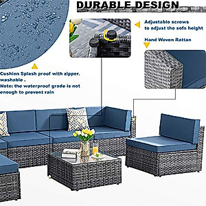 SUNLEI 7 Pieces Patio Sofa Conversation Set Outdoor Furniture Sets PE Rattan Low Back All-Weather Rattan Sectional Sofa Washable Cushions with Coffee Table (Silver Gray Rattan) (Aegean Blue)