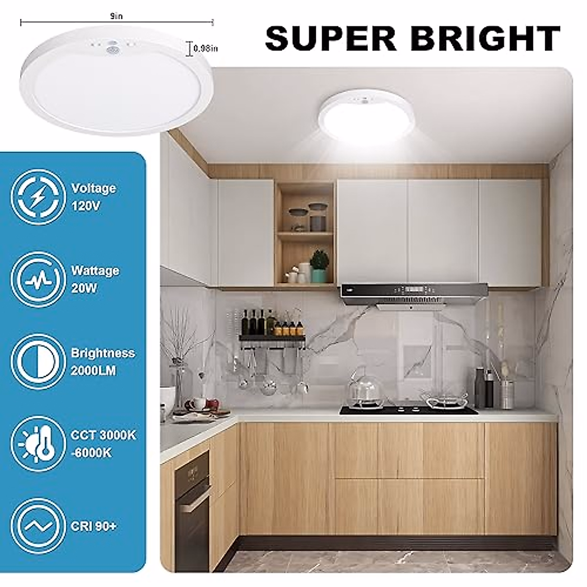 Hard-Wired Motion Sensor Ceiling Lights, 9in 20W Flush Mount Motion LED Ceiling Lights, 3000K 4000K 6000K Indoor Ceiling Light for Closet Doorway Stairway Hallway, 2 Packs, Not Battery Operated