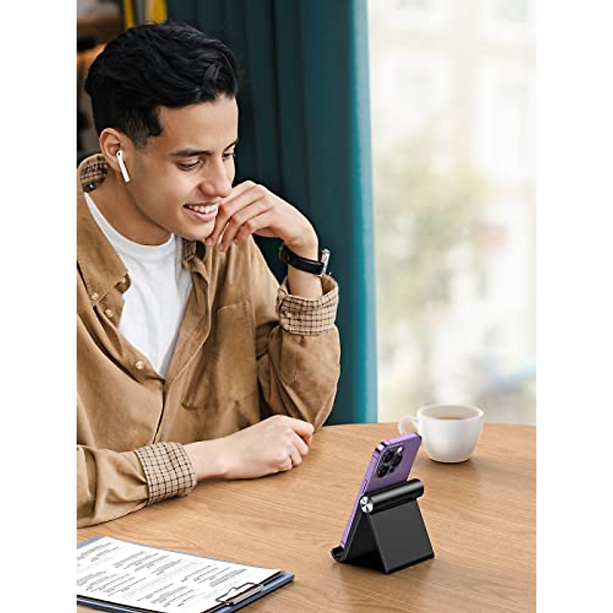 UGREEN Cell Phone Stand for Desk Phone Holder Foldable Portable Adjustable Compatible with iPhone 14 13 Pro Max, iPhone 12 11 Plus SE XS XR 8 7, Office Desk Travel Accessories, Black