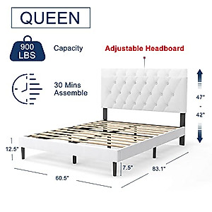 Molblly Queen Size Platform Bed Frame with Adjustable Headboard, Linen Fabric Wrap, Strong Frame and Wooden Slats Support, No Box Spring Needed, Non-Slip and Noise-Free, Easy Assembly, Off-White