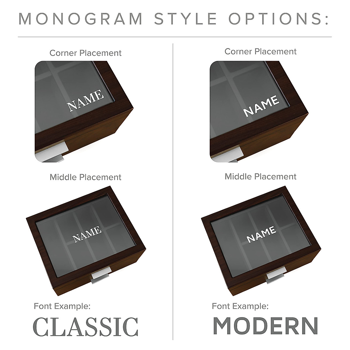 CASE ELEGANCE Monogrammed 8 Slot Watch Box Case Organizer for Men, Cherry Wood Walnut Finish, Watch Display Case, Modular Valet Tray, Compatible with Apple Watch Stand, Accessory Drawer, Pillow Stands