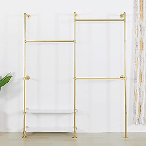 EDCB Industrial Pipe Clothing Rack with Shelves Closet Rods System, Double Hanging Rods Wall Mounted Clothes Rack Heavy Duty, Detachable Garment Bar (91.5X72inch, Gold)
