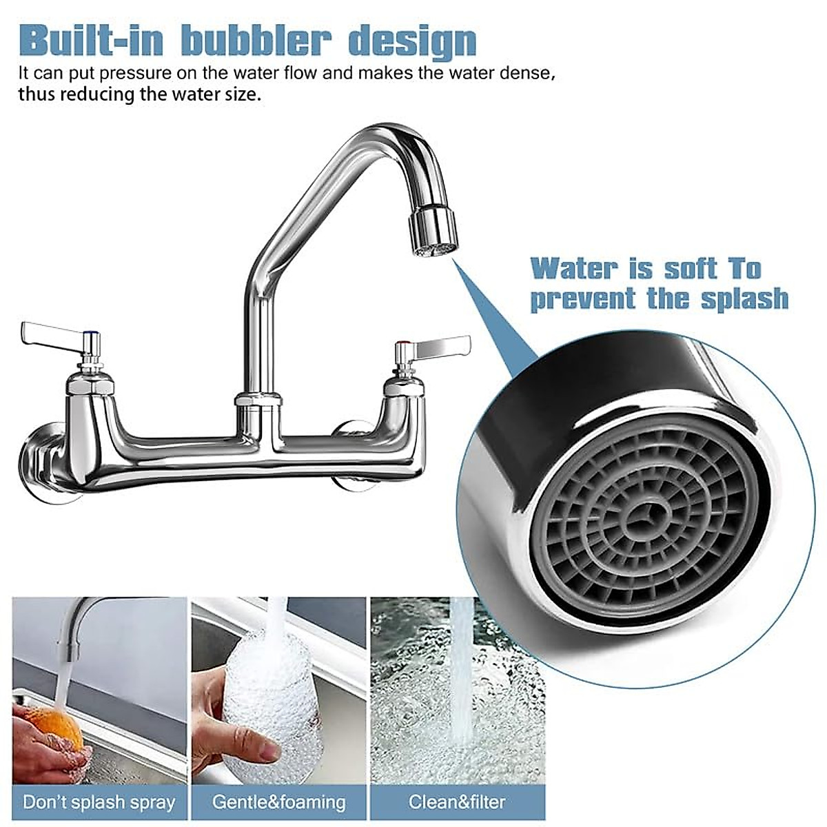 CWM Wall Mount Commercial Sink Faucet 8 Inches Commercial Faucet with 14 Inches Spout