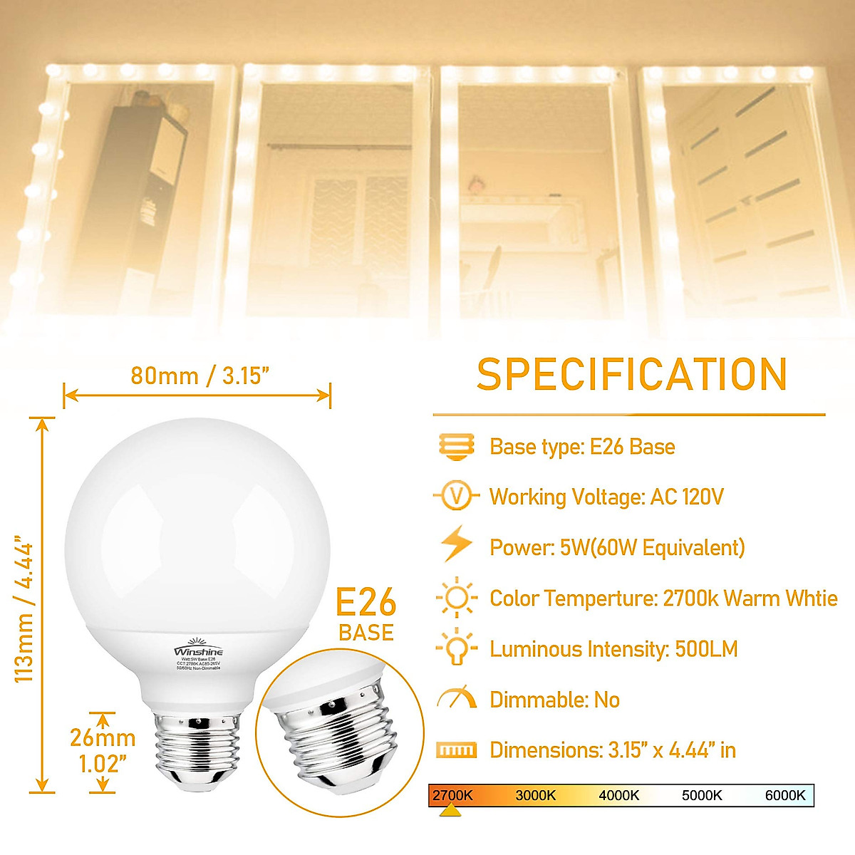 winshine G25 LED Globe Light Bulbs for Bathroom, 60 watt Equivalent Vanity Light Bulbs E26 Base 2700K Warm White CRI85+ Ideal for Makeup Mirror, Bathroom, Bedroom,Dressing Room NO-Dimmable 4 Pack
