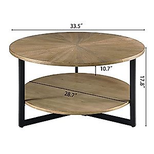 LEEMTORIG Round Coffee Table Living Room, Circle Round Coffee Table with Storage, Farmhouse Solid Wood Coffee Table, Yellowish Brown Wood Tabletop & Black Metal Frame, KFZ-1338