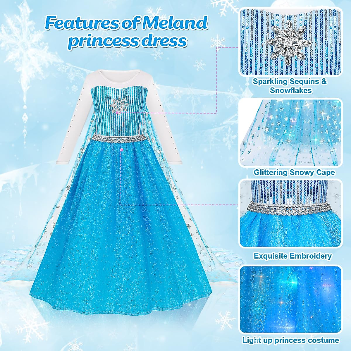 Meland Princess Dresses for Girls - Princess Costume with Long Cape for Girls Age 3-10 Year Old for Birthday Halloween Party