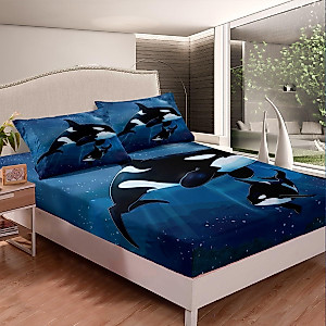 Erosebridal Killer Whale Bed Sheets for Kids Ocean Animal Full Size Sheet Sets, Psychedelic Galaxy Sheets Starry Sky Bedding Sheets & Pillowcases, Black and White Fish Flat Sheet Navy Sea Theme Decor