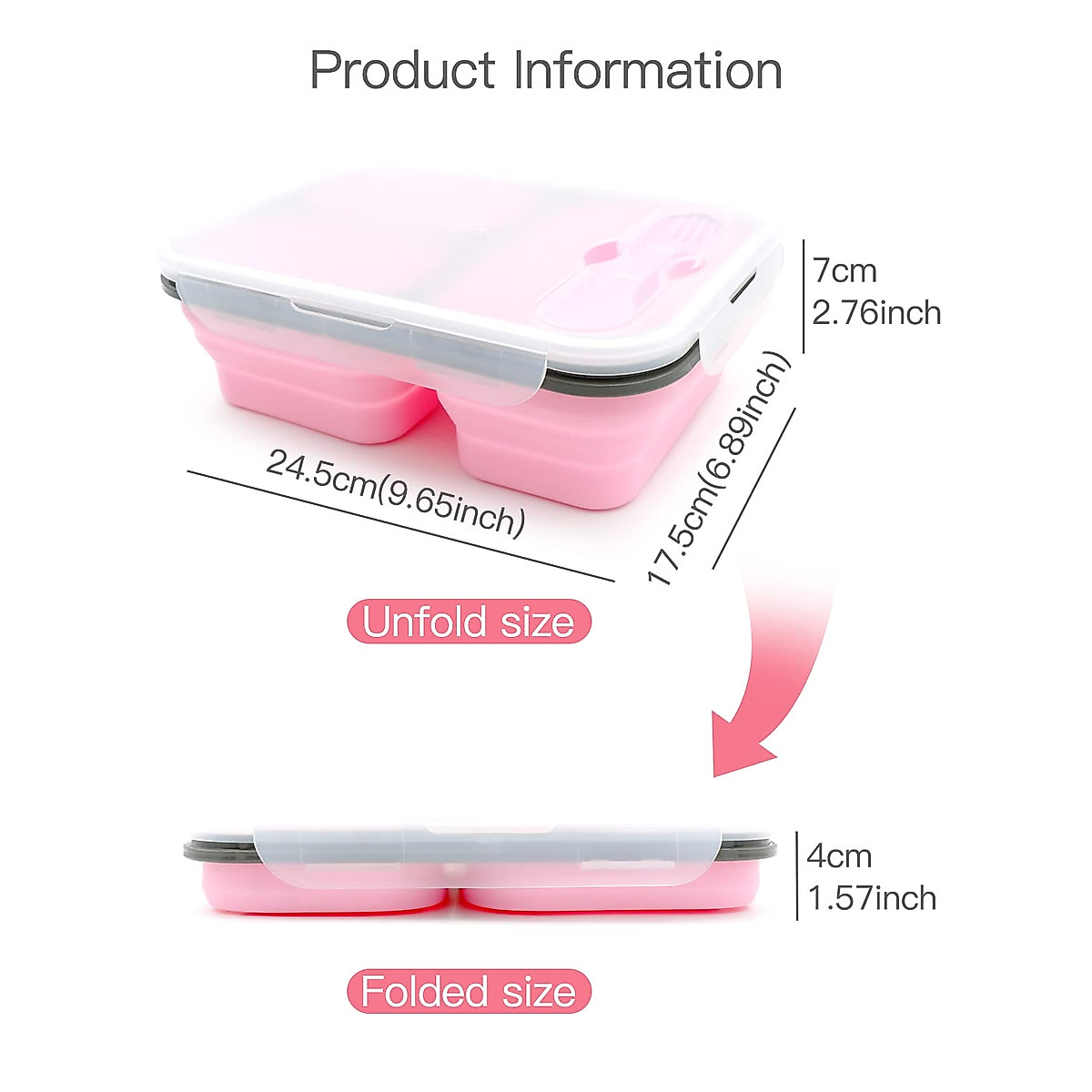 fancyfree Collapsible Silicone Benton Container, Leakproof Lunch Box with 3 Compartments, BPA Free Safe Food Storage Organizer (Pink)