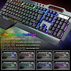 Wireless Gaming Keyboard and Mouse with Rainbow LED 16RGB Backlit Rechargeable 4800mAh Battery Metal Panel Mechanical Ergonomic Feel Waterproof Dustproof 7 Color Mute Mice for Laptop PC Gamer(Black)