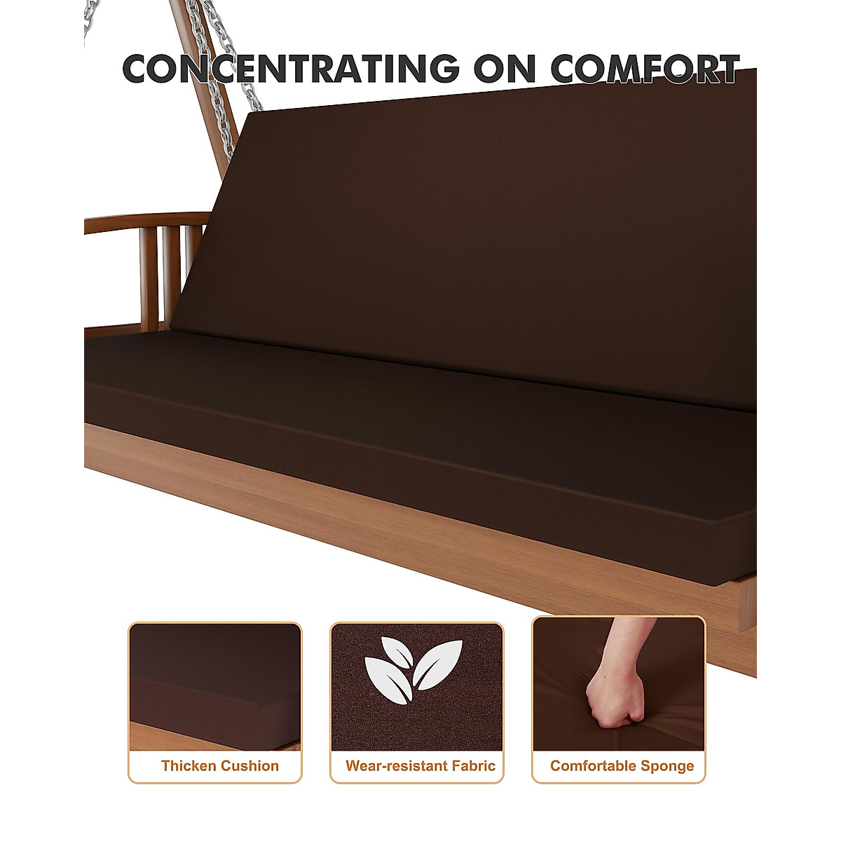 GarveeLife Wooden Patio Swing with Adjustable Canopy, 3-Seater Wood Patio Swing Bench with Removable Cushion, Patio Swing Glider with Flatbed for Backyard Garden Balcony Poolside, Brown