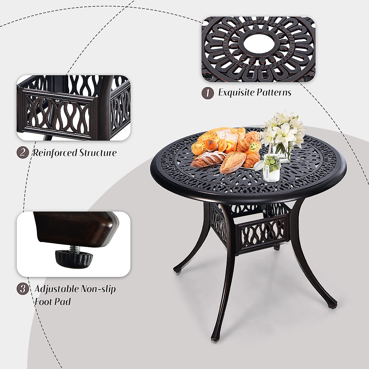 Tangkula 3 Pieces Cast Aluminum Patio Bistro Set, Outdoor Bistro Table Set with Umbrella Hole, Outdoor Patio Table and Chairs Furniture for Porch and Balcony