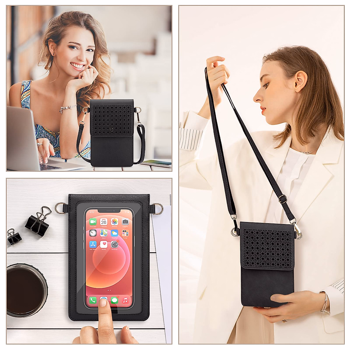 MILEGI Cell Phone Purse, Small Purses for Women Crossbody Touch Screen Purse Valentine's Day Bag for Her（Black）