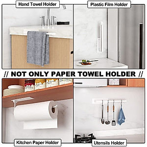 White Kitchen Roll Holder, Stainless Steel Paper Towel Holder for Kitchen, Self-Adhesive Kitchen Roll Holder Under Cabinet, Wall Mount Plastic Wrap Holder and Towel Rack