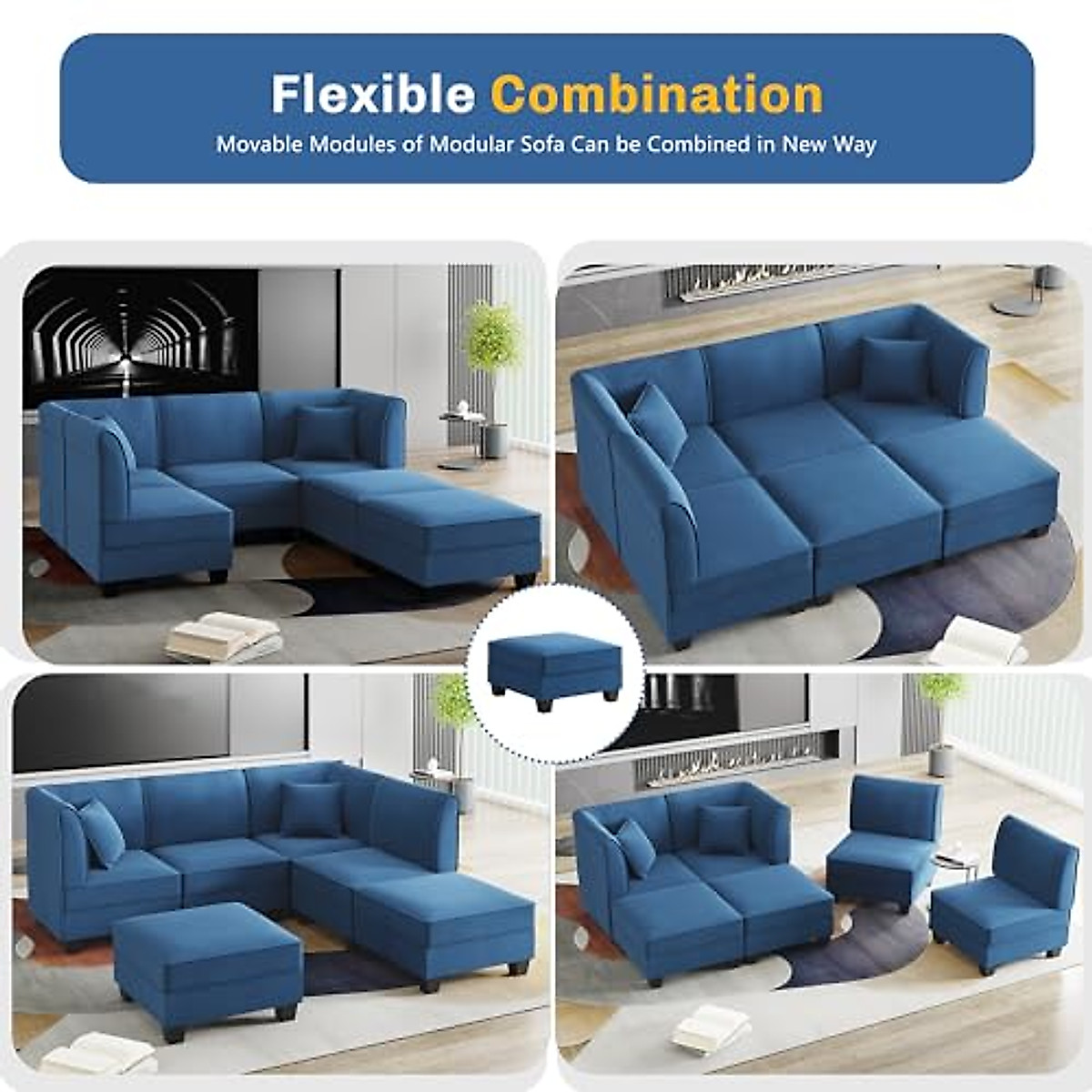 JAMFLY 116'' Modular Sectional Sofa with Reversible Chaise, U-Shape Convertible Sectional Sofa Couch with 6 Seats, Velvet Modern Sleeper Modular Couch with Ottomans for Living Room