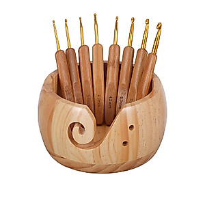 Wooden Yarn Bowl with 8Pcs Metal Crochet Hooks, Knitting Yarn Bowl with Holes Storage Handmade to Prevent Slipping, Perfect Yarn Holder Bowl for Crocheting and Knitting Mother's Day Gift 5" x 3"