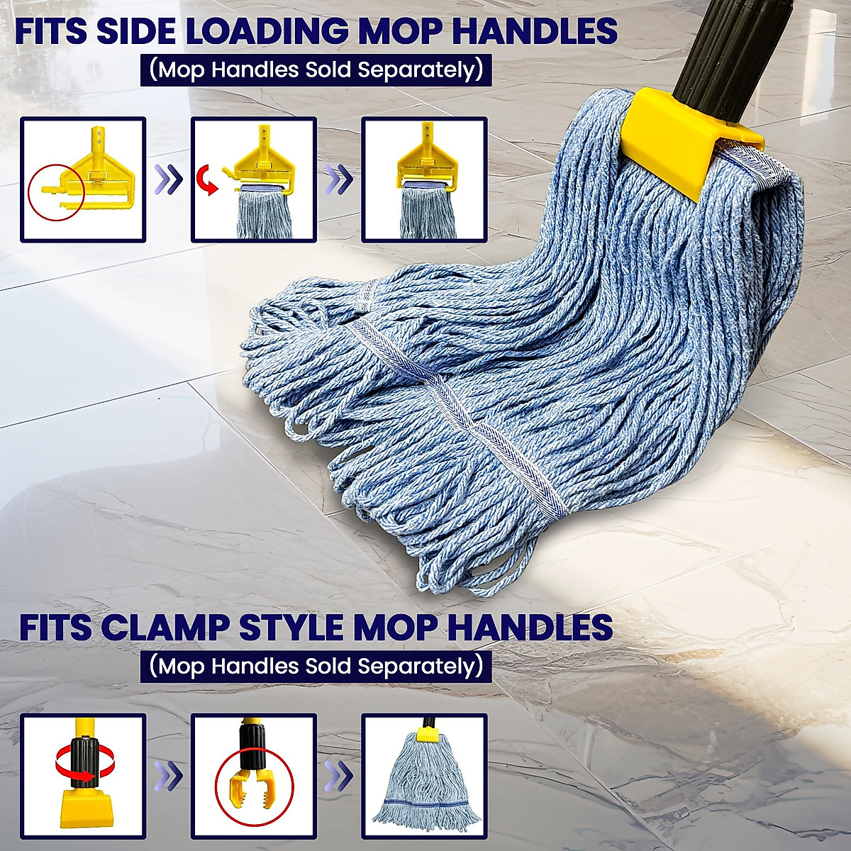 Innovative Haus 3 Pack Heavy Duty Blue Commercial Mop Head Replacement - Synthetic Cotton Blend Looped End String Mop Refill - Industrial Grade Cleaning Use Wet Mop Heads - Durable Universal Headband