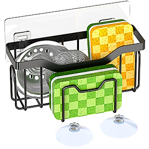 Utobao Sponge Holder for Kitchen Sink, Kitchen Sink Caddy Organizer for Dish Soap Scrub Brush Sink Stopper, in Sink Basket SUS304 Stainless Steel, No Drilling with Adhesive 2 Hanging Way-Black