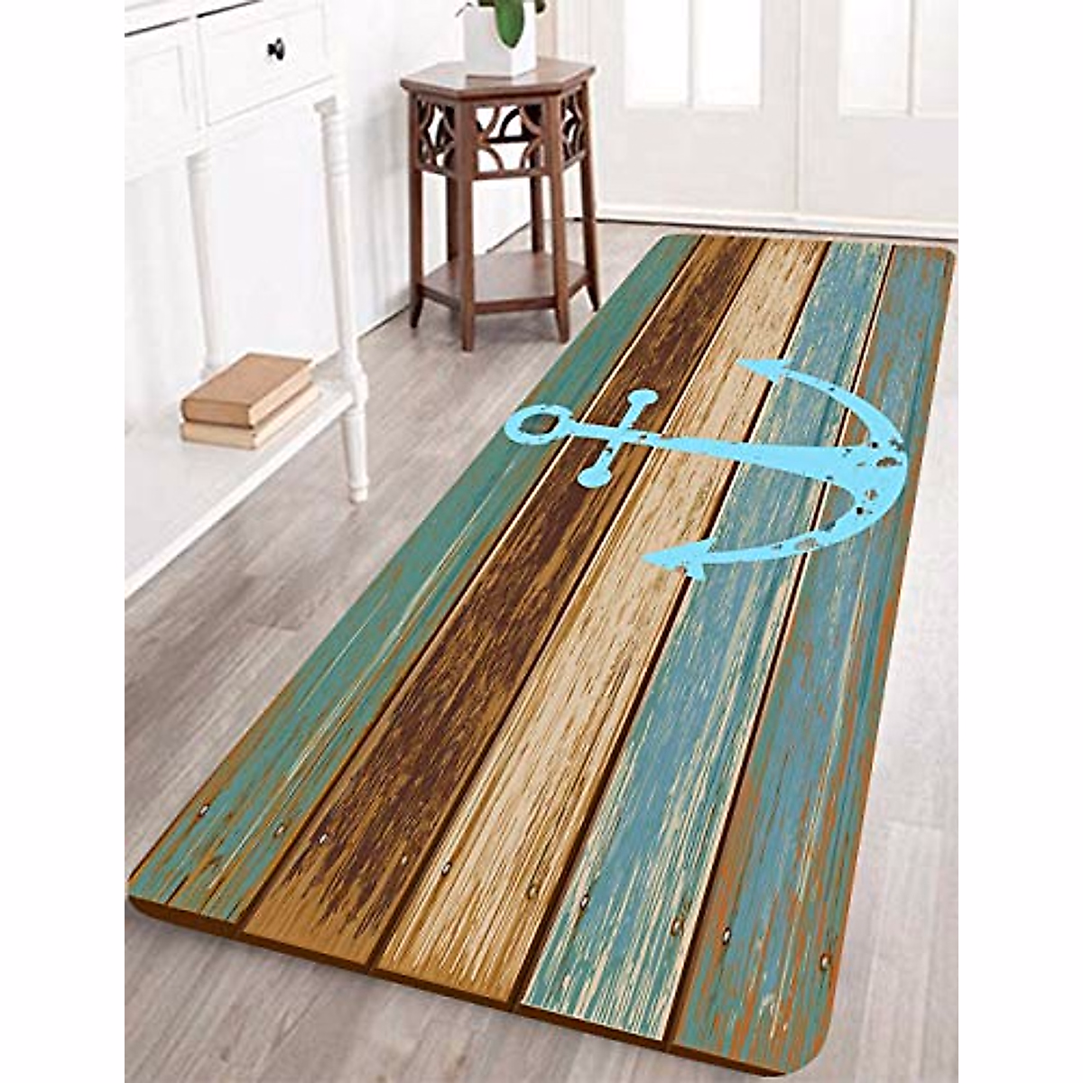 Bathroom Rugs, Kitchen Rug Non-Slip Soft Absorbent Bath Mats with Nautical Anchor Flannel for Bathroom Kitchen and Hallway 24 inches X 71 inches Turquoise/Brown