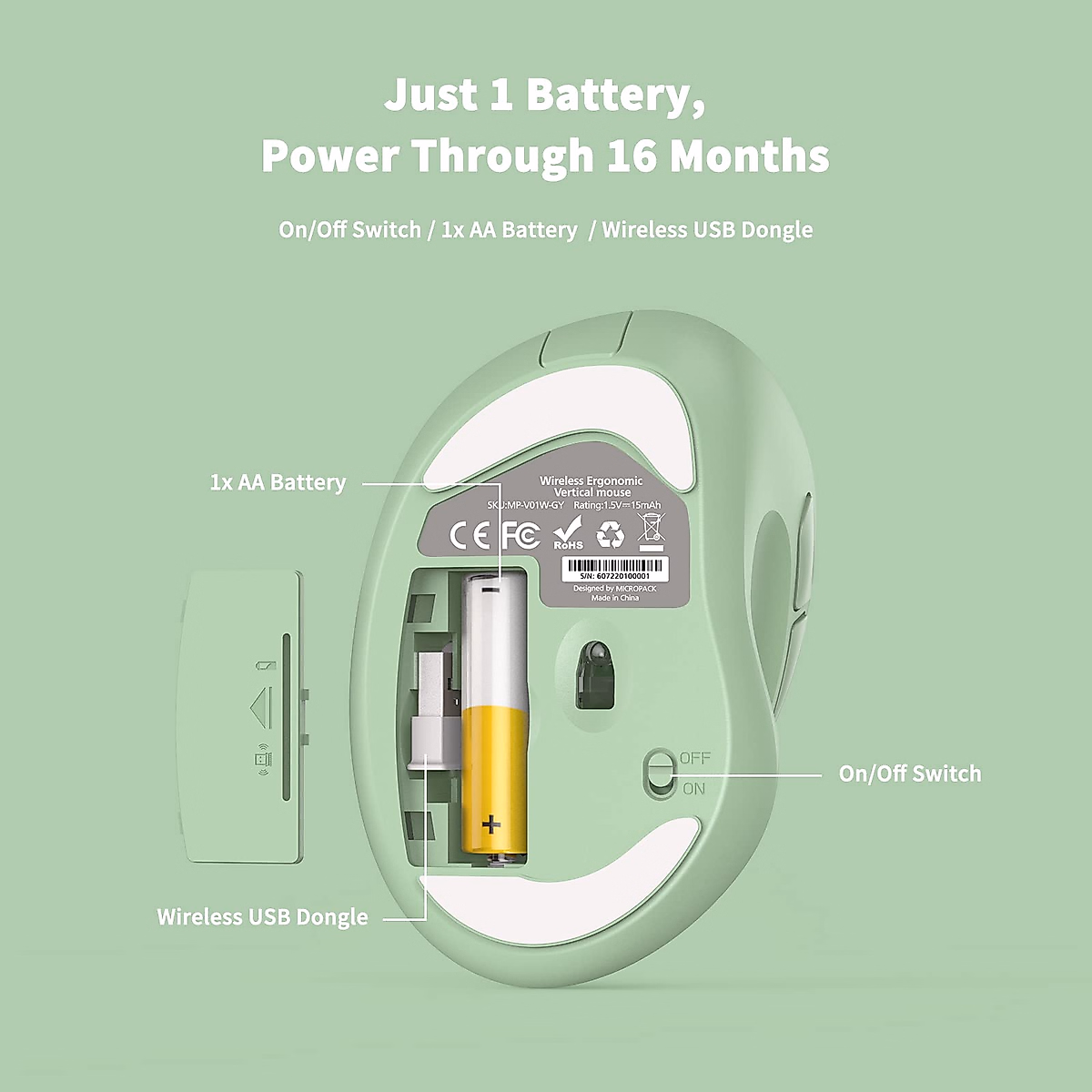 Ergonomic Wireless Mouse 2024 New, Updated Smaller Ergo Mouse with USB Receiver for PC Computer, Laptop and Desktop, Vertical Mouse with Silent Clicks Long Battery Life Up to 1600 DPI, Green