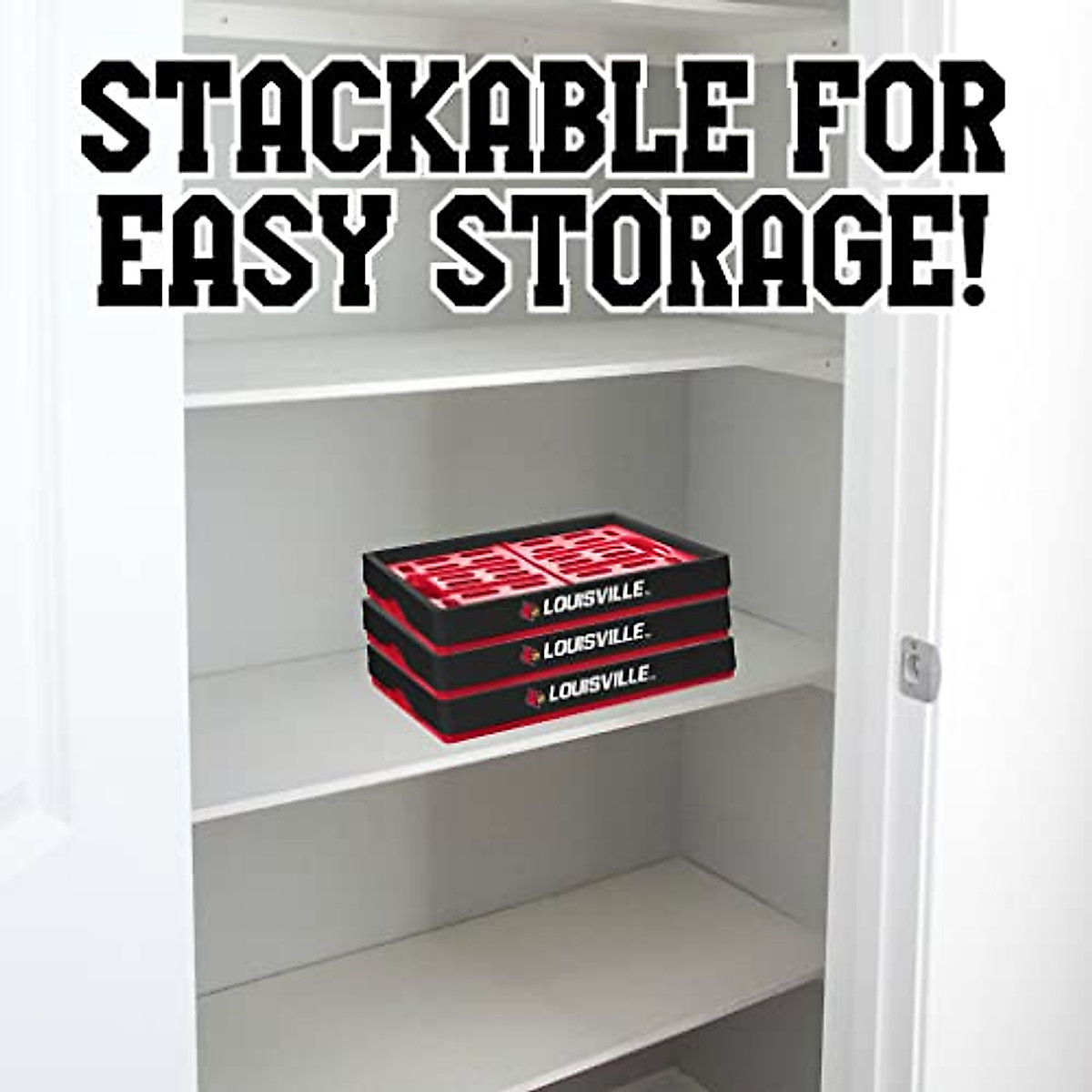 Set of 2 NCAA University of Louisville Stackable & Collapsible Crate/Storage Bin - Perfect For Books, Clothes in Dorms, Rooms & Closets - Basket Collapses/Ideal for Price Club Runs 50 Lb Capacity
