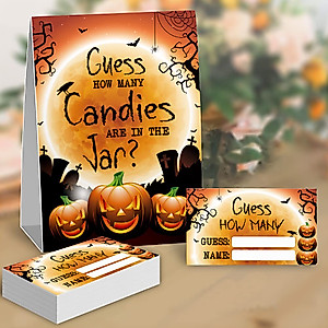 Halloween Guess How Many Candies Baby Shower Party Game Cards, Funny Pumpkin Orange Party Raffle Ticket, Gag Activities Party Decorations Game Cards Kit (1 Standing Sign + 50 Guessing Cards)