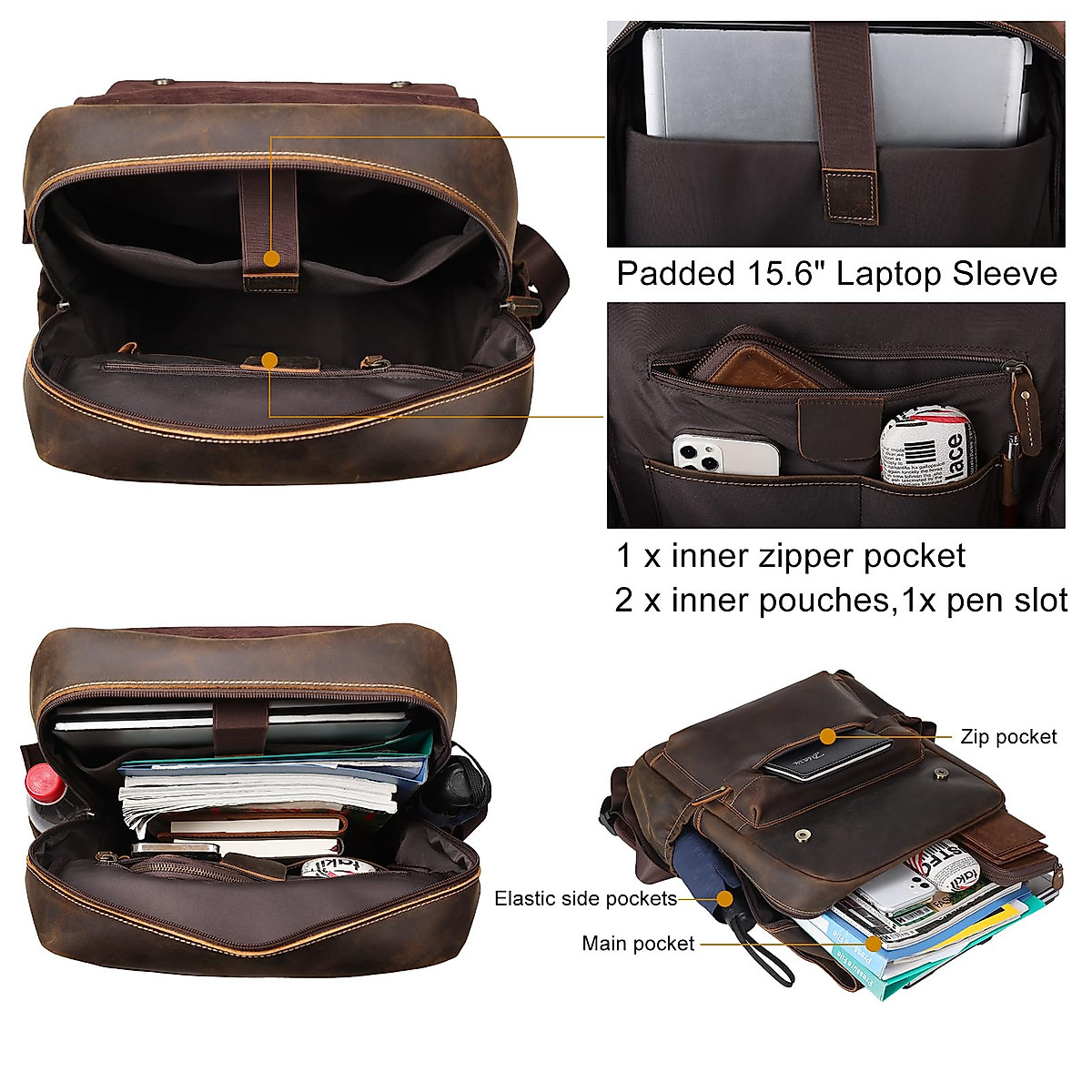 Vintage Full Grain Leather 15.6 Inch Laptop Backpack for Men Casual Travel Work Bag Bookbag Daypack with YKK Zipper Brown, Large