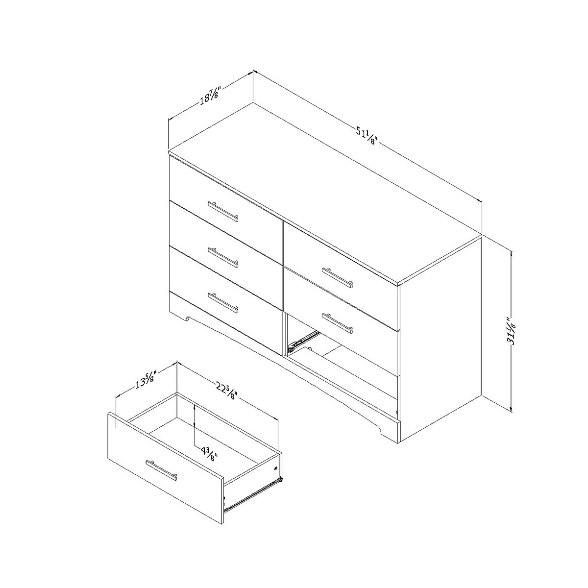 South Shore Gramercy 6-Drawer Double Dresser, 18.88"D x 51.12"W x 31.12"H, Pure White