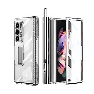PUROOM for Samsung Galaxy Z Fold 5 Hinge Coverage Protective Case Transparent Plating PC with Pen Holder Kickstand Screen Protector All-Inclusive Case (z fold 5, Silver)
