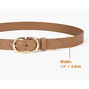 CR Womens Brown Leather Belts for Jeans Pants - 1.3" Width Casual Ladies Tan Belt - Fashion Center Bar Gold Buckle